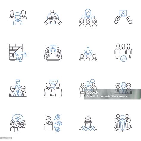 집단 혁신 라인 아이콘 컬렉션입니다 협업 다양성 시너지 독창성 권한 부여 창의성 아이디어 벡터 및 선형 일러스트레이션 중단 브레인스토밍 반복 개요 표지판 세트 아이콘에 대한