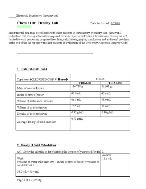 Determining Density Lab Report Sheet