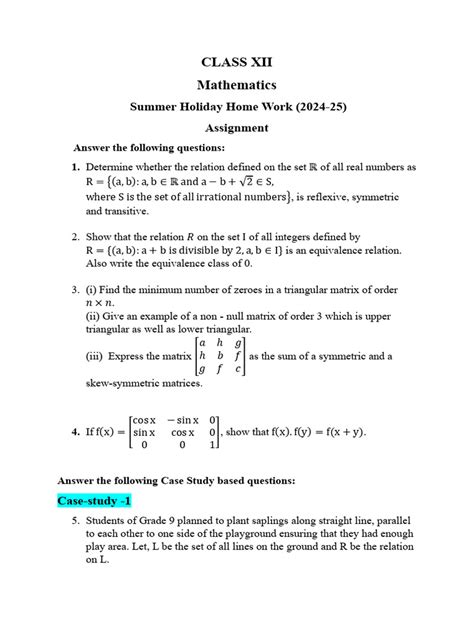 mathematics hhw xii 24 25 pdf matrix mathematics abstract algebra