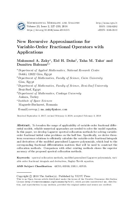 Pdf New Recursive Approximations For Variable Order Fractional Operators With Applications
