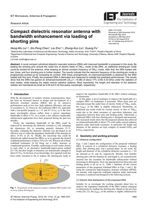 Pdf A Compact Dielectric Resonator Antenna With Bandwidth Enhancement Via Shorting Pins