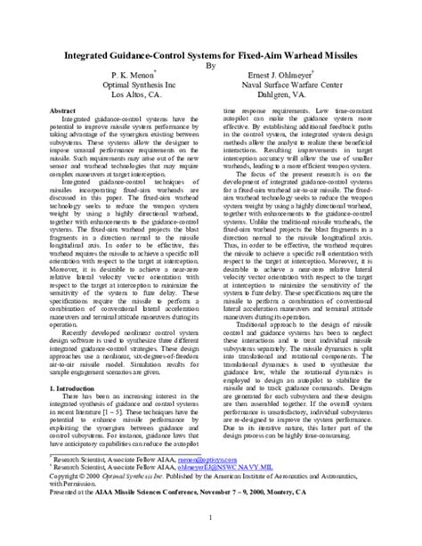 Pdf Integrated Guidance Control Systems For Fixed Aim Warhead Missiles