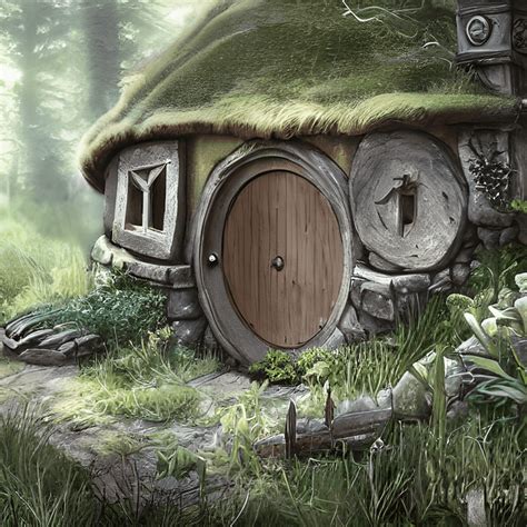 Hobbit Hut Cottage In Overgrown Ancient Trees High Fantasy Digital Art