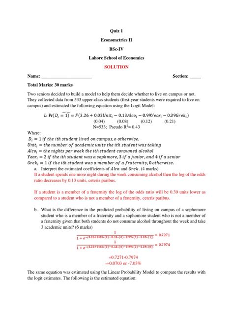 Econometrics Ii Winter 2020 Quiz 1 Version A Solution Pdf Logistic Regression