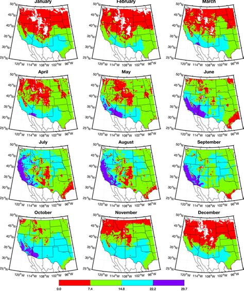 long term mean monthly distribution of the number of modis db aod
