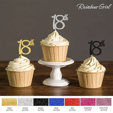 골드실버블랙 반짝이 18 번째 컵케익 토퍼 18 세 생일 파티 케이크 장식topper Picksglitter
