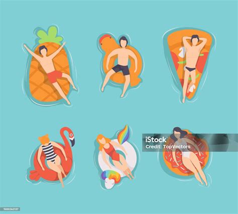 공기 매트리스와 고무 반지에 떠 있는 사람들 캐릭터 수영장 탑 뷰 벡터 세트 해변에 대한 스톡 벡터 아트 및 기타 이미지 해변 남자 수영장 스포츠 경기장 Istock