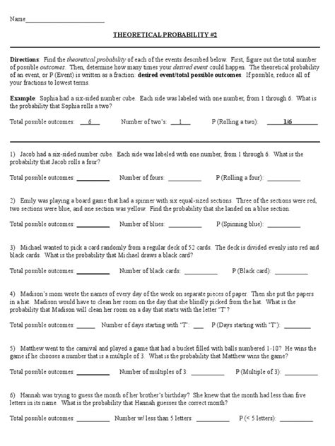 Theoretical Probability Worksheet PDF Probability Teaching Worksheets Library
