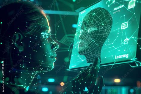 A Woman Engages With A Futuristic Holographic Interface Examining Intricate Ai Data