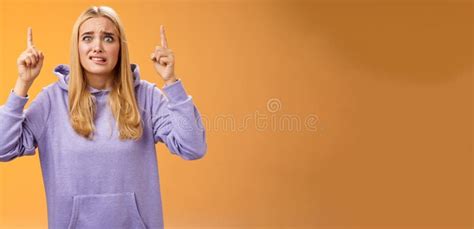 Worried Perplexed Unsure Cute Blond Woman Presenting Project Standing