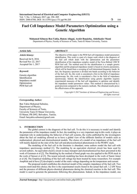 Fuel Cell Impedance Model Parameters Optimization Using A Genetic Algorithm Pdf