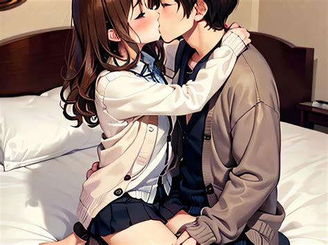 Anime Couple Kissing On Bed In Bedroom With White Sheets Seaart Ai