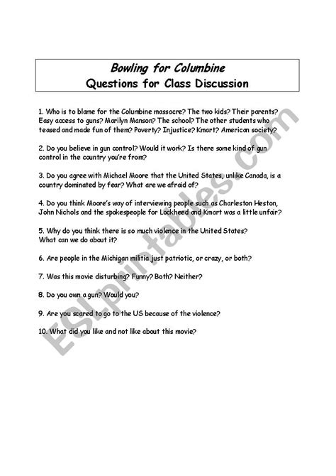 Bowling For Columbine Class Discussion Esl Worksheet By Sorcière