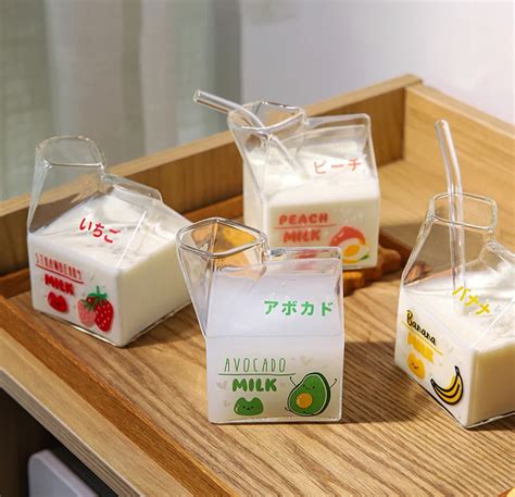 유리 크림 상자 내열성 만화 미니 사각형 우유 상자 컨테이너 컵 350ml 물 컵 카와이 머그잔 카와이 병 2 개