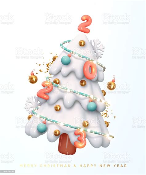 크리스마스 장식 트리는 새해 숫자 2023입니다 만화 스타일의 현실적인 3d 디자인 화환이 있는 화이트 크리스마스 트리 휴일 포스터 웹 배너 인사말 카드 벡터 그림