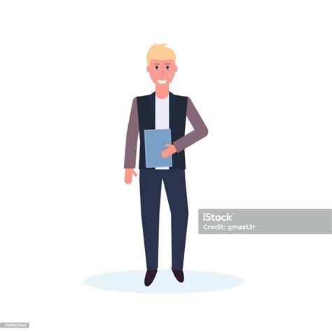 폴더 서 포즈 행복 한 사람이 사무실 작업자 남성 만화 캐릭터 전체 길이 평면 분리를 개최 하는 사업 개념에 대한 스톡 벡터 아트 및 기타 이미지 Istock