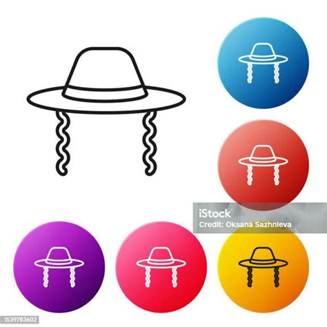 Black Line Orthodox Jewish Hat With Sidelocks Icon Isolated On White