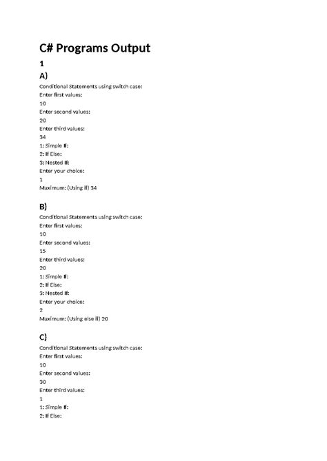 C Programs Output C Programs Output A Conditional Statements Using Switch Case Enter