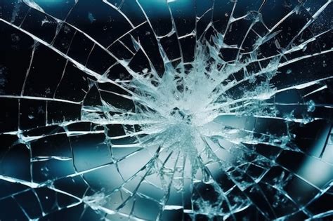깨진 유리 질감을 배경으로 사고로 인해 큰 구멍이 난 손상된 자동차 앞유리 프리미엄 사진