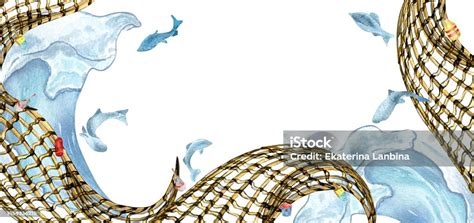 어망과 물고기의 배너 흰색 배경에 격리된 바다 경치 수채화 그림 그래픽 프린트에 대한 스톡 벡터 아트 및 기타 이미지 그래픽