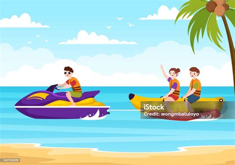 해변에서 바다에서 바나나 보트와 제트 스키 휴일 놀이 활동 템플릿 손으로 그린 만화 플랫 일러스트 레이 션 가족에 대한 스톡 벡터 아트 및 기타 이미지 Istock
