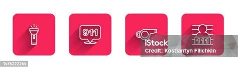 설정 라인 손전등 전화 911 호루라기 및 긴 그림자를 가진 용의자 범죄자 빨간색 사각형 버튼 벡터 경계 표지에 대한 스톡 벡터