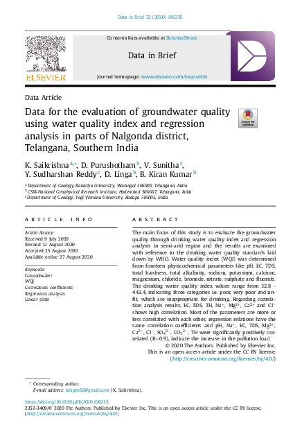 Pdf Data For The Evaluation Of Groundwater Quality Using Water