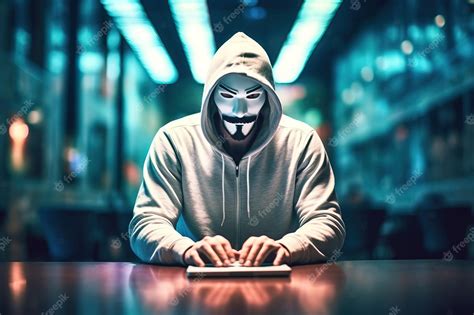 Premium Ai Image Anonymous Hacker With White Hoodie Typing Computer