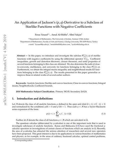 Pdf An Application Of Jacksons P Q Derivative To A Subclass Of Starlike Functions With