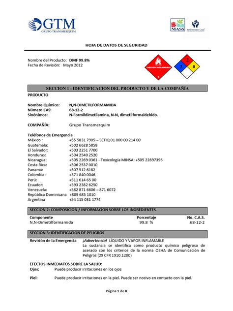 Hoja De Seguridad De Dimetilformamida Pdf