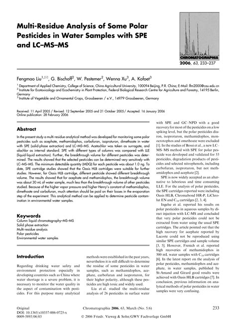 Pdf Multi Residue Analysis Of Some Polar Pesticides In Water Samples With Spe And Lc Ms Ms