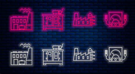 라인 디젤 발전기 발전소 공장 및 공장 석탄 발전소 및 공장 및 암페어 미터 멀티 미터 볼트 미터를 설정합니다 벽돌 벽에 빛나는 네온 아이콘입니다 벡터 0명에 대한 스톡