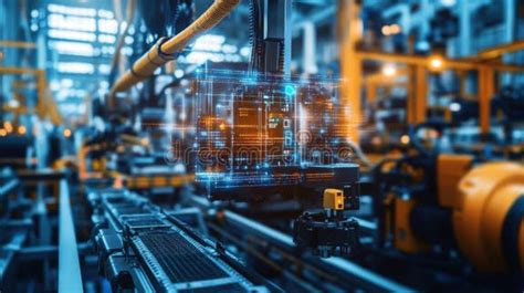 Robotic Arm Performing Manufacturing Tasks With Hologram Interface In Factory Setting Stock