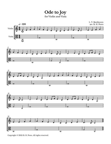 Ode To Joy Beginner Violin And Viola C Major Arr B H Peres By