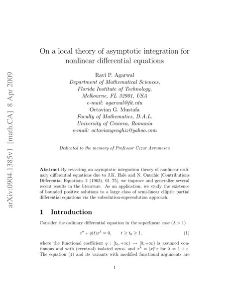 Pdf On A Local Theory Of Asymptotic Integration For Nonlinear