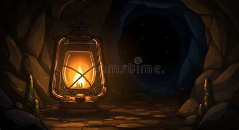 A Glowing Lantern Illuminates A Dark Cave Interior The Lantern S Warm