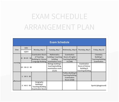 Exam Schedule Arrangement Plan Excel Template And Google Sheets File For Free Download Slidesdocs