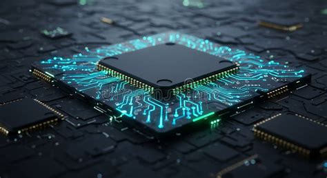 Square Microchip With Glowing Blue Circuitry Set On A Dark Complex