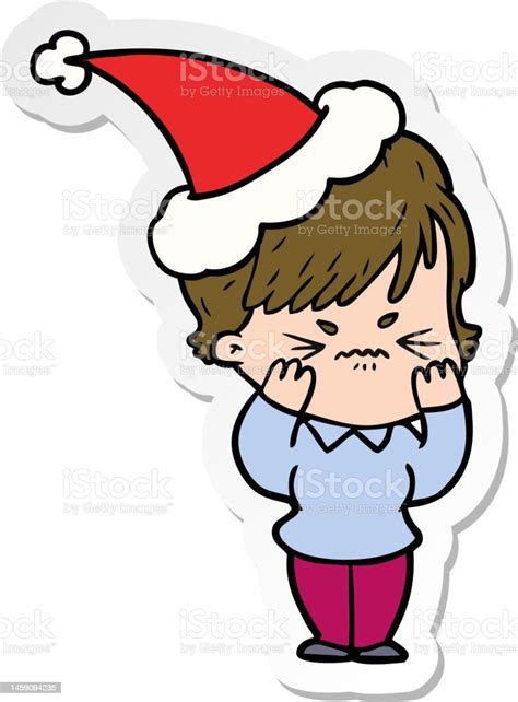 산타 모자를 쓰고 좌절한 여자의 손으로 그린 스티커 만화 낙서 드로잉에 대한 스톡 벡터 아트 및 기타 이미지 낙서 드로잉 데칼 등장인물 Istock