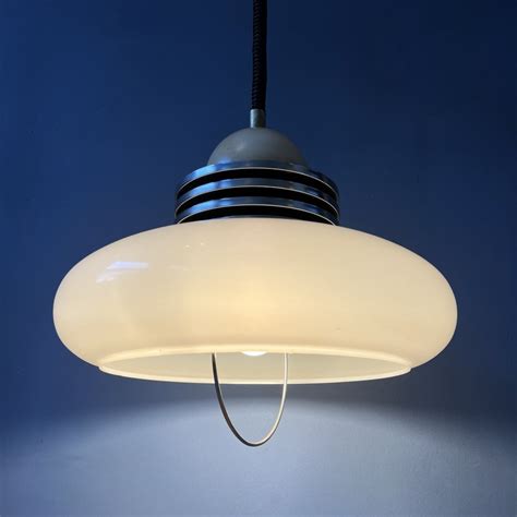 White Space Age Pendant Lamp With Plexiglass Shade And Chrome Top Cap