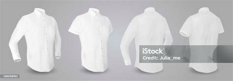 흰색 남성 셔츠는 길고 짧은 소매와 앞 뒷면 및 측면 보기의 버튼이 회색 배경에 고립되어 있습니다 3차원 형태에 대한 스톡 벡터 아트 및 기타 이미지 Istock