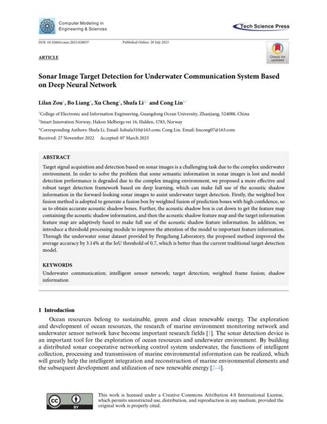 Pdf Sonar Image Target Detection For Underwater Communication System Based On Deep Neural Network