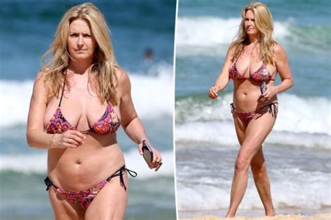 Penny Lancaster 52 Rocks String Bikini With 2 Sons On The Beach As