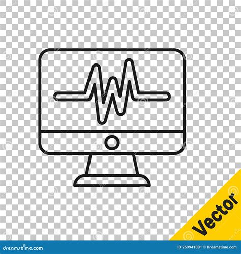 Black Line Computer Monitor With Cardiogram Icon Isolated On
