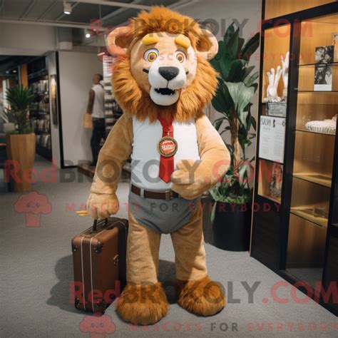 Rust Lion Mascot Costume Character Dressed With A Empire Waist Dress And Briefcases Mascot