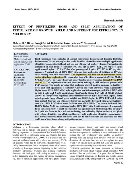 Effect Of Fertilizer Dose And Split Application Of Fertilizer On Growth Yield And Nutrient Use