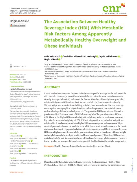 PDF The Association Between Healthy Beverage Index HBI With Metabolic Risk Factors Among