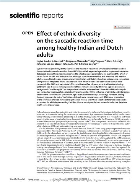 Pdf Effect Of Ethnic Diversity On The Saccadic Reaction Time Among Healthy Indian And Dutch Adults
