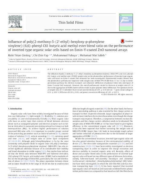 Pdf Influence Of Poly 2 Methoxy 5 2 Ethyl Hexyloxy P Phenylene Vinylene 6 6 Phenyl C61