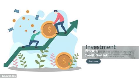 사업 투자 개념입니다 달러 동전 작은 사람 돈 개체를 더미 그래픽 차트 증가입니다 성공까지 금융 성장 상승입니다 페이지 서식 파일 벡터 일러스트 레이 션 방문 현대적인 평면
